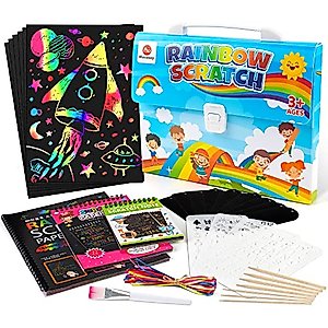 Mocoosy 140PCS Rainbow Scratch Paper Set, Magic Scratch Art Deluxe Combo with Case, Include Black Scratch Off Sheets, Scratch Notebook, Scratch Bookmarks for Kids Art Craft Kit Birthday Gifts