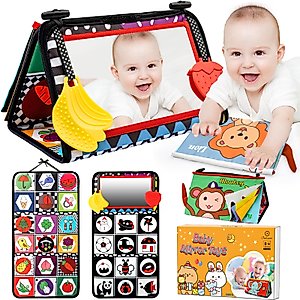 Oukzon Tummy Time Toys, Baby Toys 0-6 Months with Crinkle Book and Teethers, 6-12 Months Infant Mirror Toys High Contrast Baby Gift Toys for Newborn Brain Development, Montessori Sensory Toy