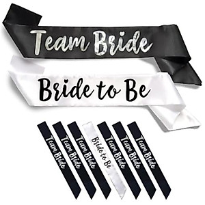 Team Bride 7pc Satin Sash Set - Sophisticated & Fun Party Favors for Bachelorette Party, Bridal Shower & Wedding Party (7pc Set, White & Black)