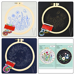 Caydo 3 Sets Embroidery Starter Kit with Pattern and Instructions, Cross Stitch Kits Include 3 Embroidery Cloth with Floral Pattern, 3 Plastic Embroidery Hoops, Color Threads and Tools