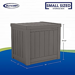 Suncast 22-Gallon Small Deck Box - Lightweight Resin Indoor/Outdoor Storage Container and Seat for Patio Cushions and Gardening Tools - Store Items on Patio, Garage, Yard - Stone Gray