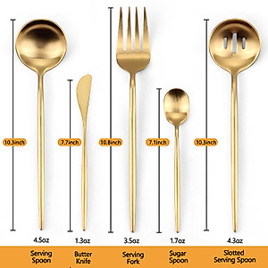 Large Serving Utensils Set,5 Pcs Stainless Steel Gold Serving utensils with 10.8 Inch Serving Fork,10.3 Inch Serving Spoon and Slotted Serving Spoon,Sugar Spoon and Butter Knife for Buffet