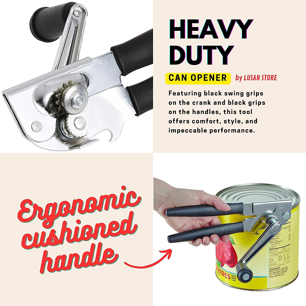 LUSAN STORE Crank Handle Commercial Can Opener - Heavy Duty Manual Can Opener with Ergonomic Cushioned Non-Slip Handles, Smooth Edge with Stainless Steel Blade