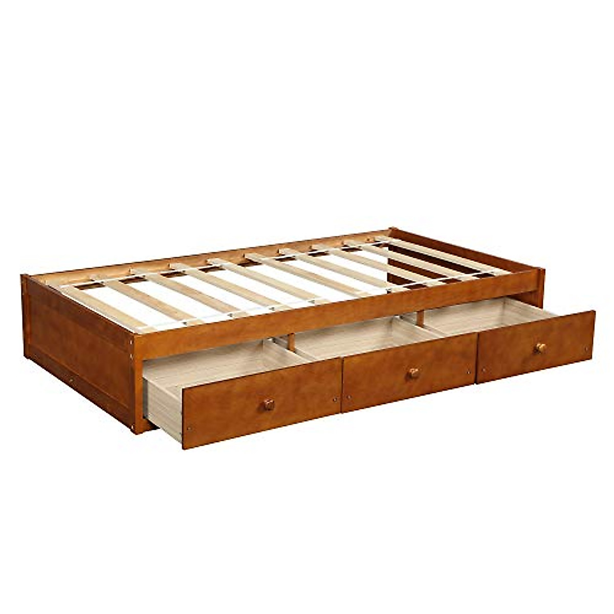 Twin Size Bed with 3 Storage Drawers, Solid Wooden Twin Platform Bed with Support Slats, Twin Bed Frame for Kids Teens, No Box Spring Needed (Twin, Oak)