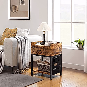 FABATO End Table with Charging Station Nightstands with Drawer and Fabric Bag Storage & USB Ports Narrow Sofa Side Table for Small Spaces with Metal Frame Living Room Bedroom, Rustic Brown