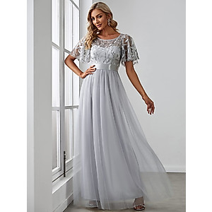 Ever-Pretty Women's Formal Dresses Crew Neck Sequin Ruffle Sleeve Empire Waist Beaded Long Evening Dresses Grey US16