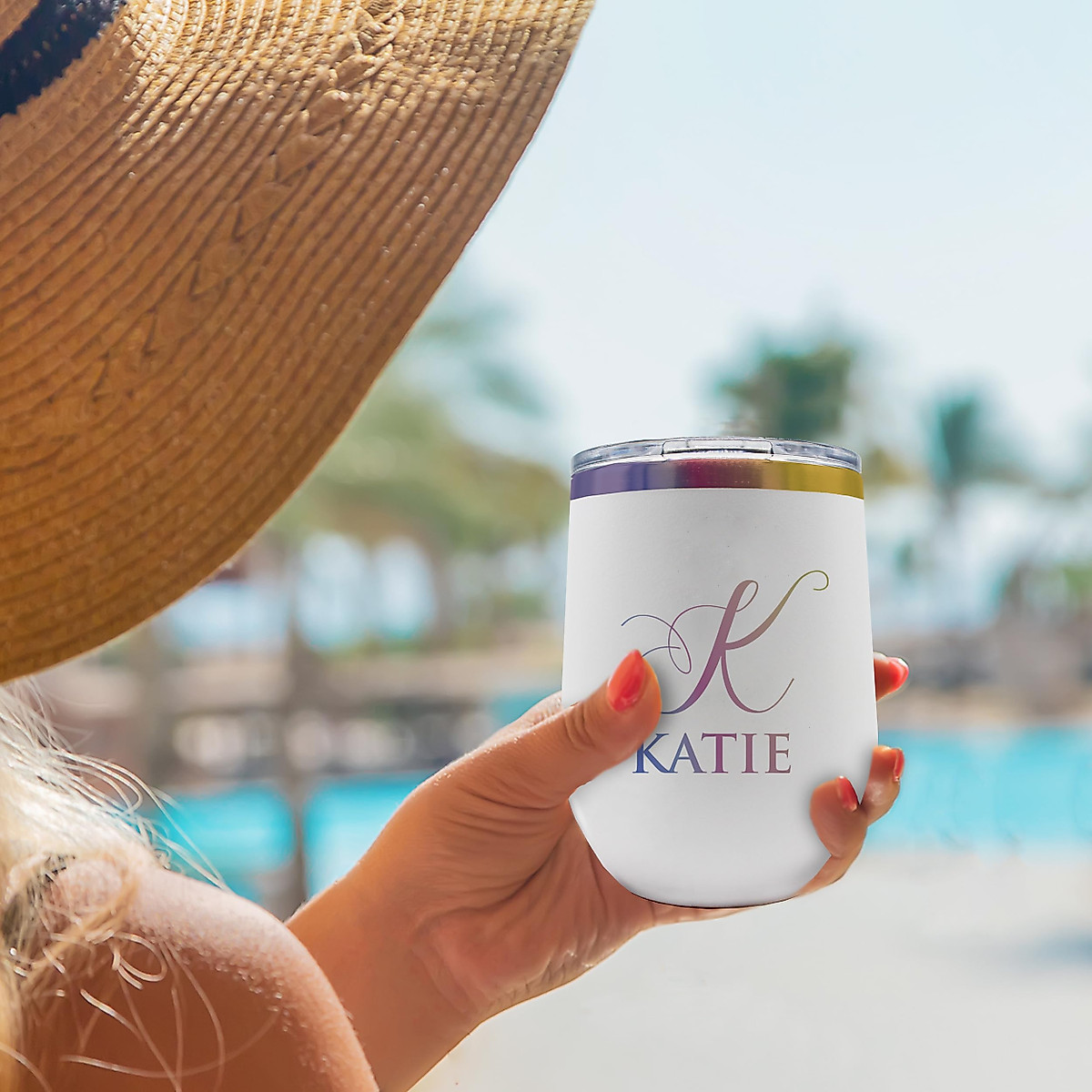 Personalized 12 oz Insulated Stemless Wine Tumbler - Custom Engraved and Monogrammed (White with Prism)