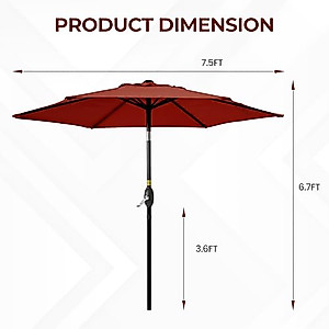 SUNVIVI OUTDOOR 7.5' Outdoor Patio Umbrella, Patio Umbrella, Market Umbrella, Luxury Aluminum Pole Umbrella with Push Button Tilt and Crank, 6 Ribs, Polyester Canopy, Red