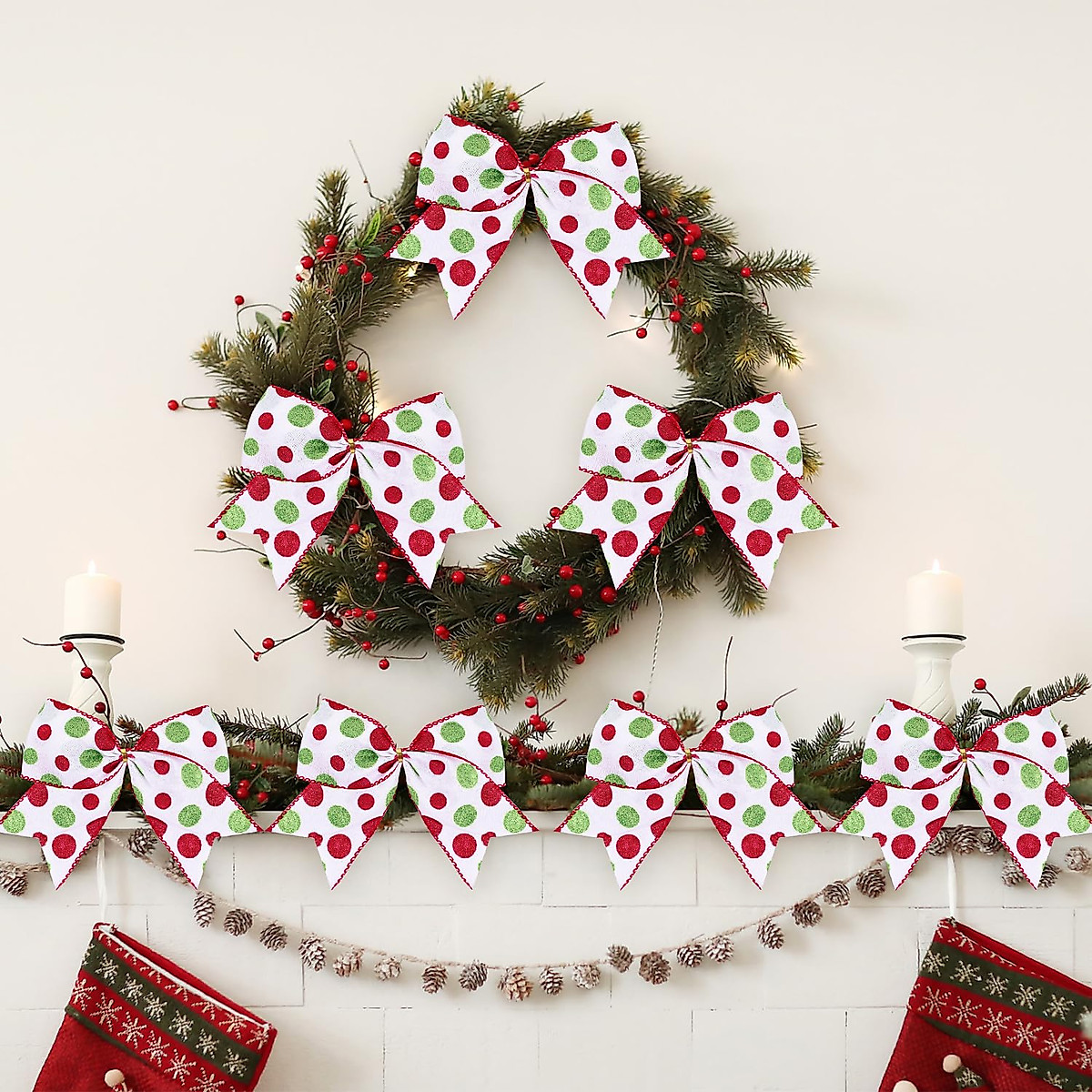 24 Pcs Red Green Christmas Bows Decorations, 6 Inch Polka Dot Christmas Tree Bows Xmas Bows Ornaments for Home Wreaths Garland Wedding Gift Party Indoor Outdoor
