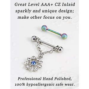 Ylqjksk Nipple Rings 14G Surgical Steel Nipple Piercing Jewelry for Women Plastic Glow Dark Nipple Rings Acrylic CZ Diamonds Heart Chain Dangle Nipple Shield 14MM 9/16 Inch，Rainbow Purple Barbell