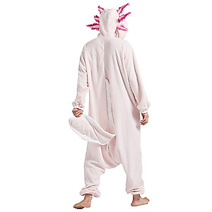 DELEY Unisex Axolotl Onesie, Adult Animal Cosplay Costume Plush Homewear Sleepwear Jumpsuit Pink Axolotl Pajamas