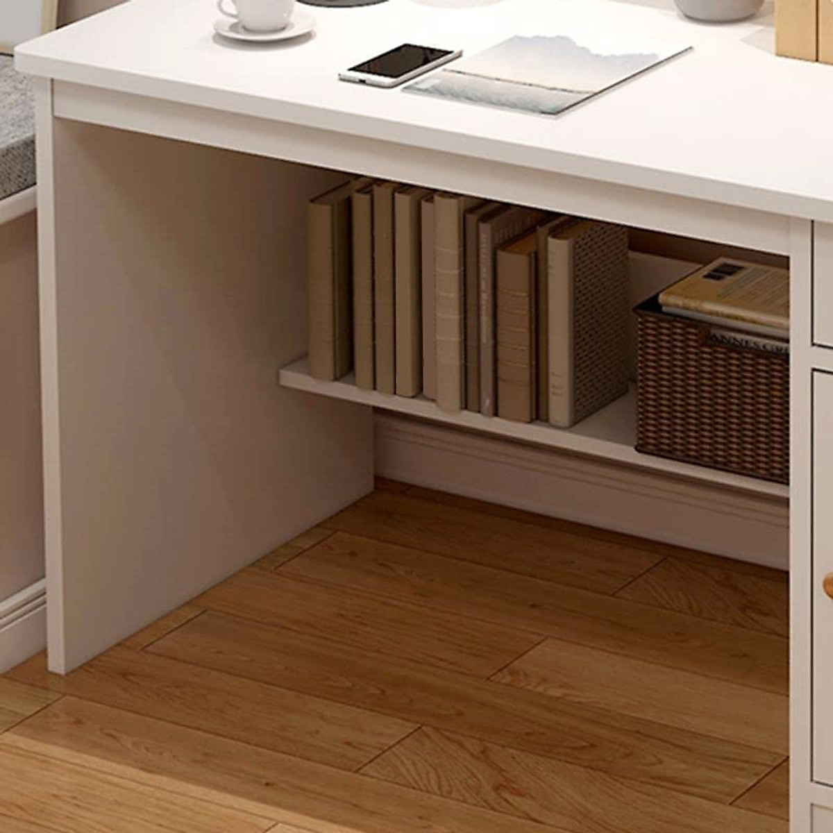 CraftThink Kids Writing Desk, Contemporary Wood Office Desk Sturdy Home Office Study Table Work Desk Writing Desk Table with Drawer Cabinet Shelf for Home Bedroom Use, White 47" L x 18" W x 59" H