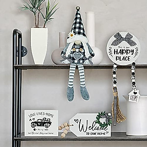 Farmhouse Tiered Tray Decor, Plaid Gnomes Plush Home Kitchen Decor,3X Premium Home Wood Signs with Handmade Artificial Green Garland,Buffalo Plaid Beads Garland, Farmhouse Kitchen Table Tiered Tray Decorations