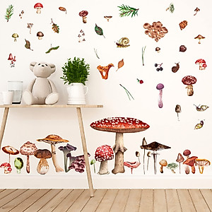 Glenmal 72 Pcs Watercolor Mushroom Wall Decals Giant Mushroom Decal Walls Peel and Stick Removable Mushroom Wall Decor Wallpaper Vinyl Wall Sticker for Bedroom Furniture(Retro Style)