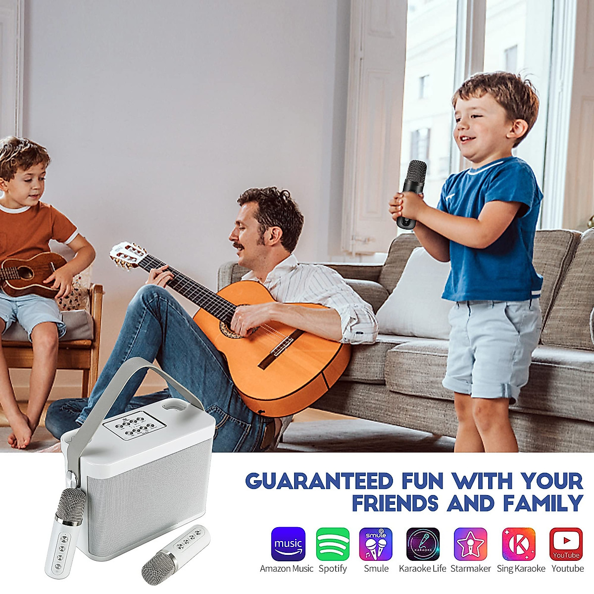 Portable Karaoke Singing Machine with 2 Wireless Microphone, Bluetooth Speaker with HD Sound PA System Support Echo and Vocal Cut,USB,TF, AUX for Party, Meeting, Wedding,Picnic and Outdoor (White)