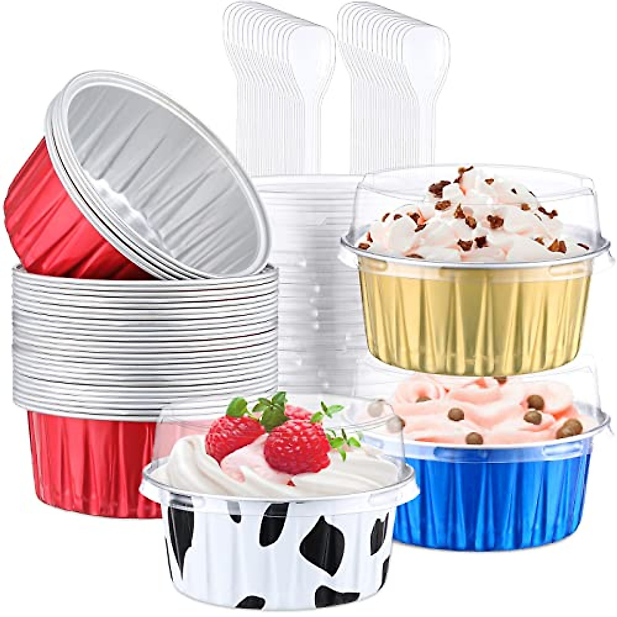 120 Pcs Cupcake Liners with Lids 4.2 oz Aluminum Foil Cupcake with Lids and Spoons Baking Cups Disposable Ramekins Muffin Cups Mini Cake Pans for Baking (Red, Blue, Yellow, Black White)