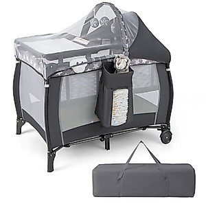 HONEY JOY Pack and Play with Bassinet, 4-in-1 Portable Baby Playard with Changing Table, Net & Cute Toys, Diaper Storage Bag, Music Box, Wheels with Brake, Foldable Newborn Play Yard w/Carry Bag