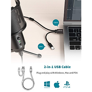 FIFINE USB Desktop Microphone 3.5mm/6.35mm Headphones for Studio Monitor, PC Microphone with Gain Control and Mute Button, Black Podcast Headphones with Coiled Cables, Soft Earmuffs (K683A+H8)