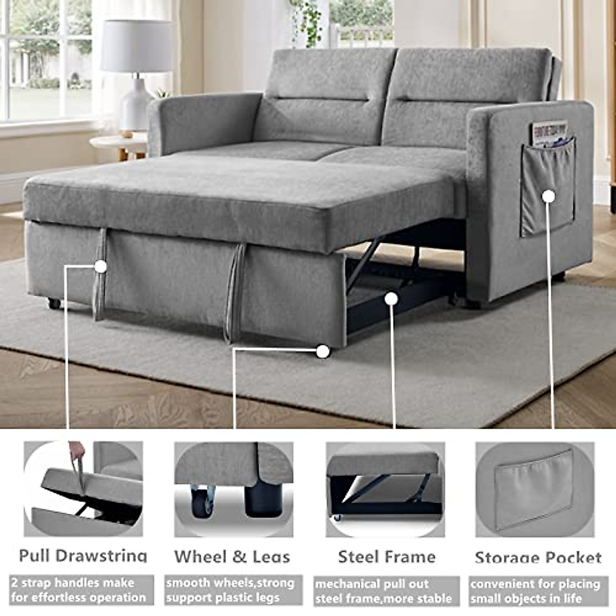 Gynsseh Pull Out Loveseat Sleeper, Adjustable Sleeper Loveseat Couch with Pull Out Bed and Side Pockets, 3-in-1 Convertible Sleeper Sofa Bed for Small Spaces Living Room (S3-Gray)