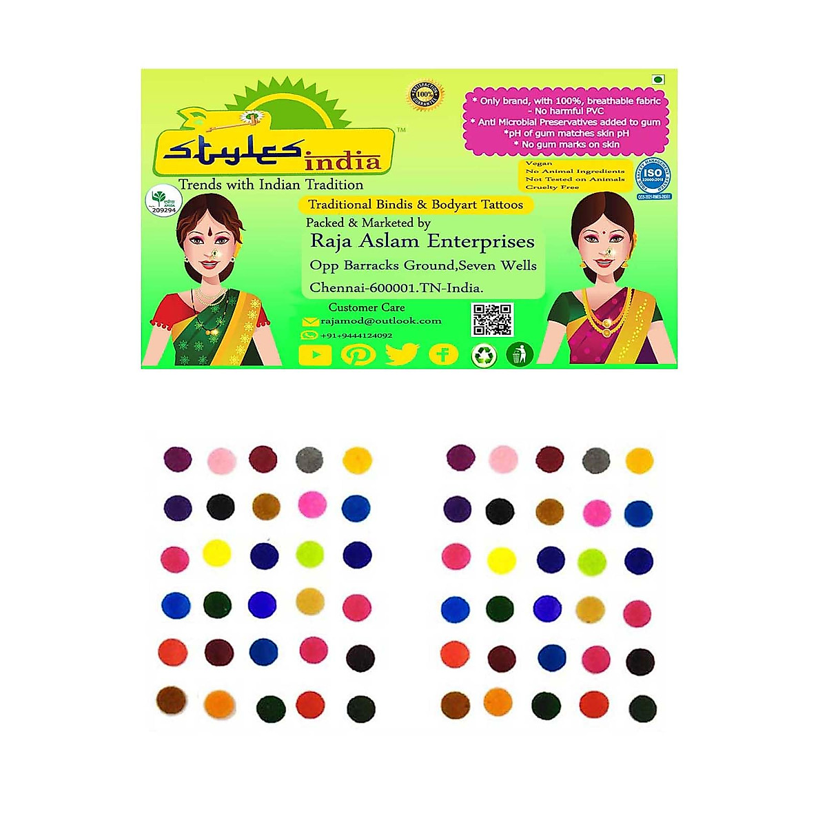 Stylesindia Sticker Kumkum Spot Bindi Tattoos Breathable Fabric, Skin Neutral pH, Does not Irritate Skin, No Gum Marks on Skin, Round Tilak Pack of 2 Flaps (Multi-Colour) (P7-6MM-Regular)