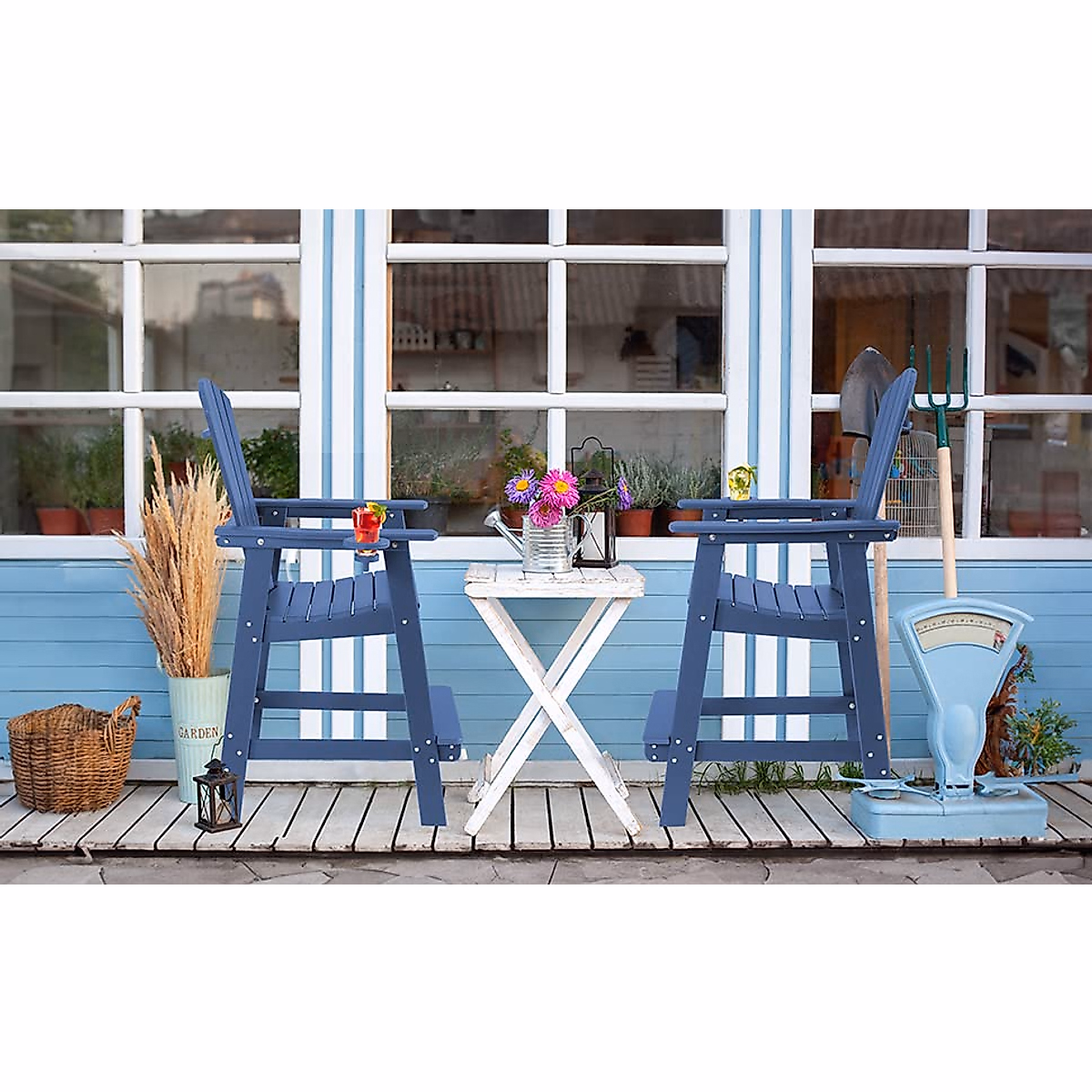 FUNBERRY Tall Adirondack Chair,Balcony Chair with Connecting Tray,Adirondack Bar Stools with Cup Holder,High Top Adirondack Chairs,Resin High Back Outdoor Chairs,Lifeguard Chair