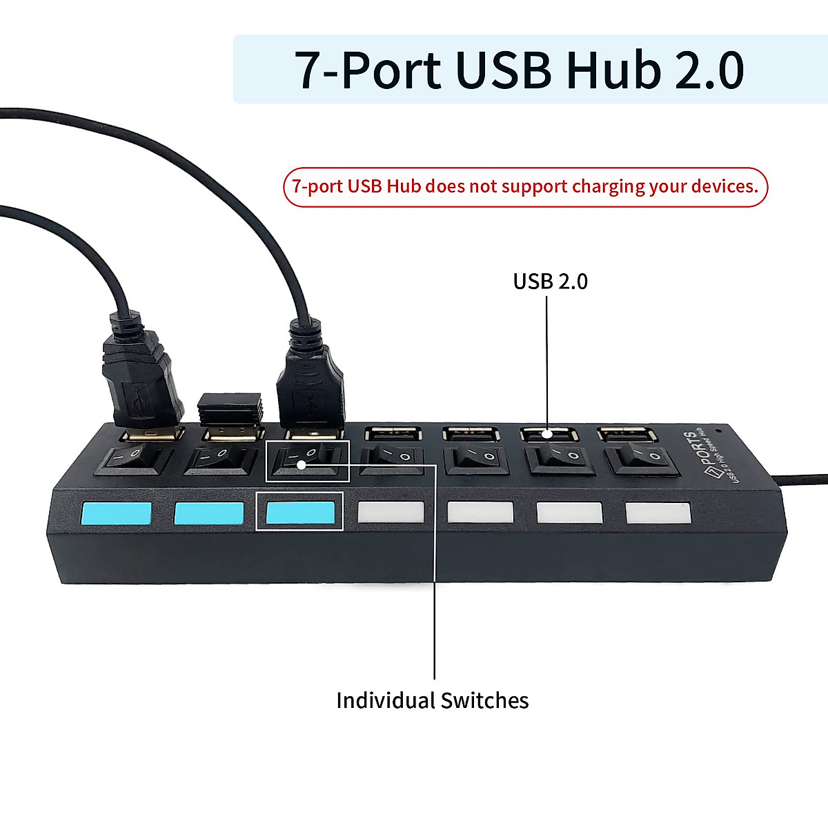 7-Port USB Hub 2.0, USB Hub USB Splitter with Individual Switches for Laptop, Computer, Keyboard and Mouse, USB Devices (Black)