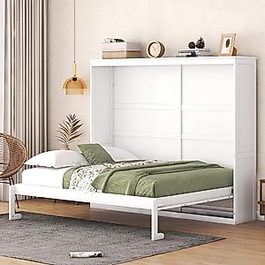 HBRR Murphy Cabinet Bed with A Storage Shelf, Wood Foldable Wall BedFrame for Guest Room Home Office, Space-Saving, No Box Spring Needed, White, Queen (U.S. Standard)