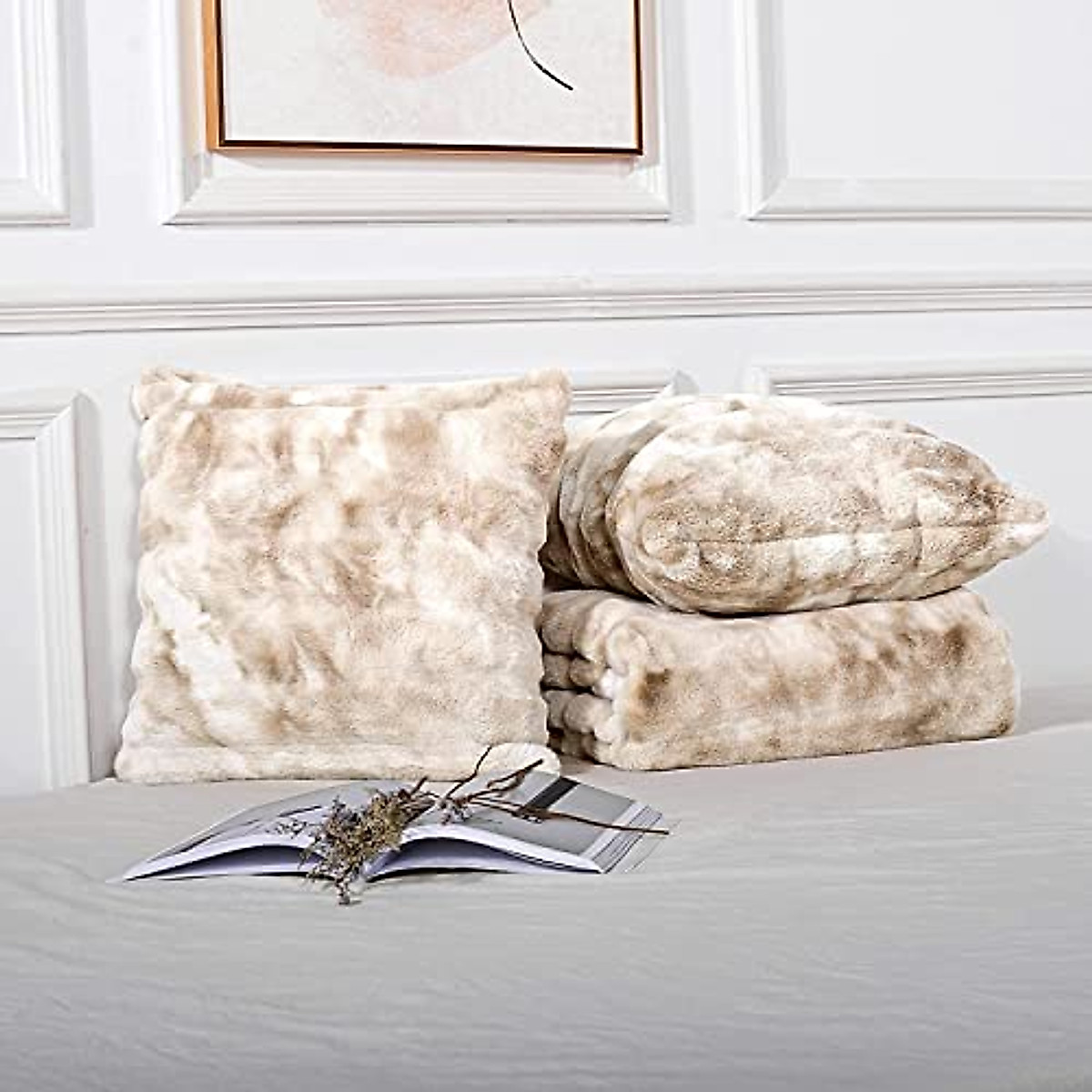 NEXHOME PRO Faux Fur Throw Blanket+2x18 x18 Pillow Cover Set, Luxury Soft Warm Fuzzy Cozy Fluffy Fleece Blankets for Women Checkboard 50"x60",Comfy Ruched Blanket for Sofa Couch Bed Décor Beige Cream