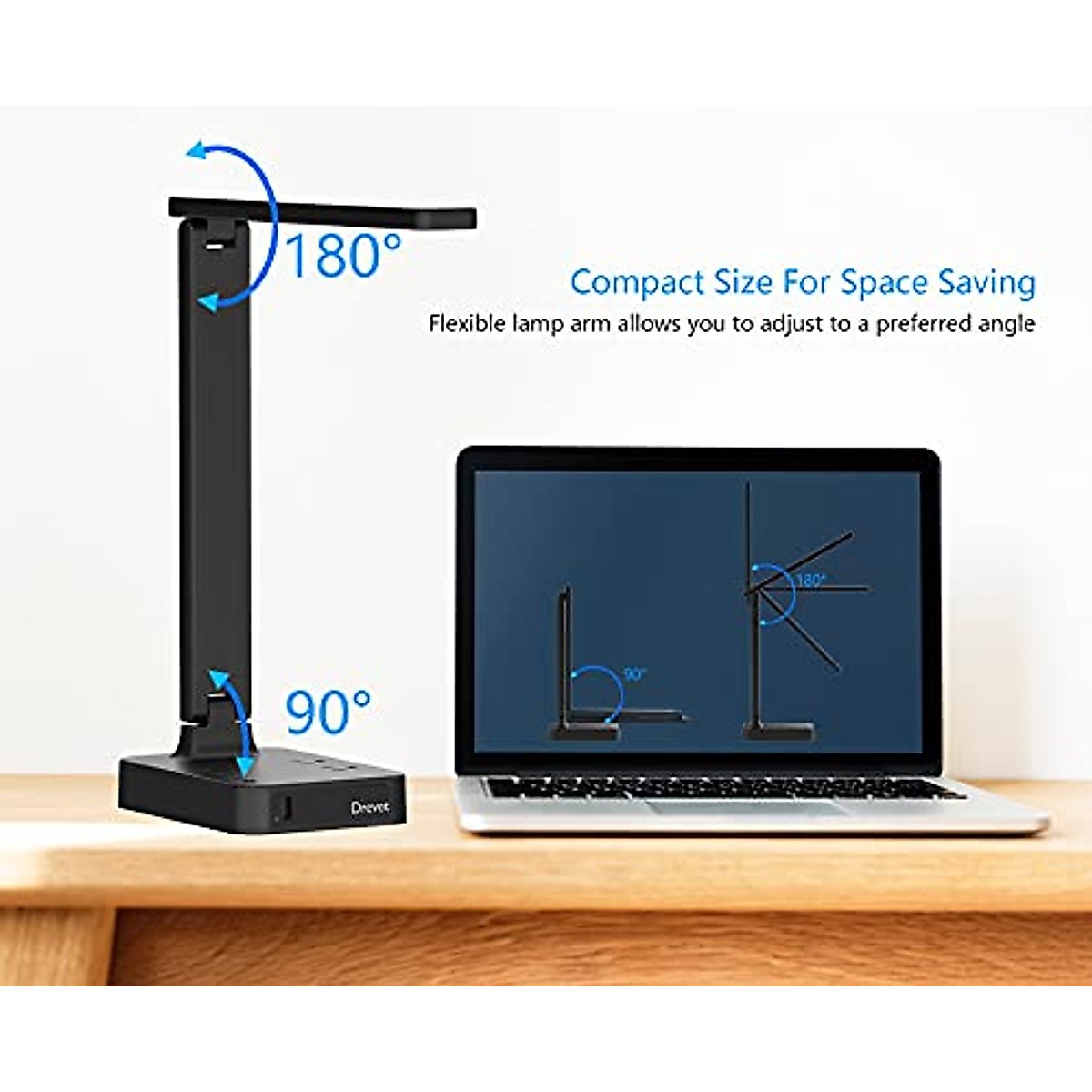 Drevet LED Desk Lamp, Desk Light with 1 USB Charging Port and 2 AC Power Outlet, 3 Lighting Modes, 3 Level Brightness,1H Timer, Touch Control, Eye-Caring Home Office Foldable Table Lamp (Black)