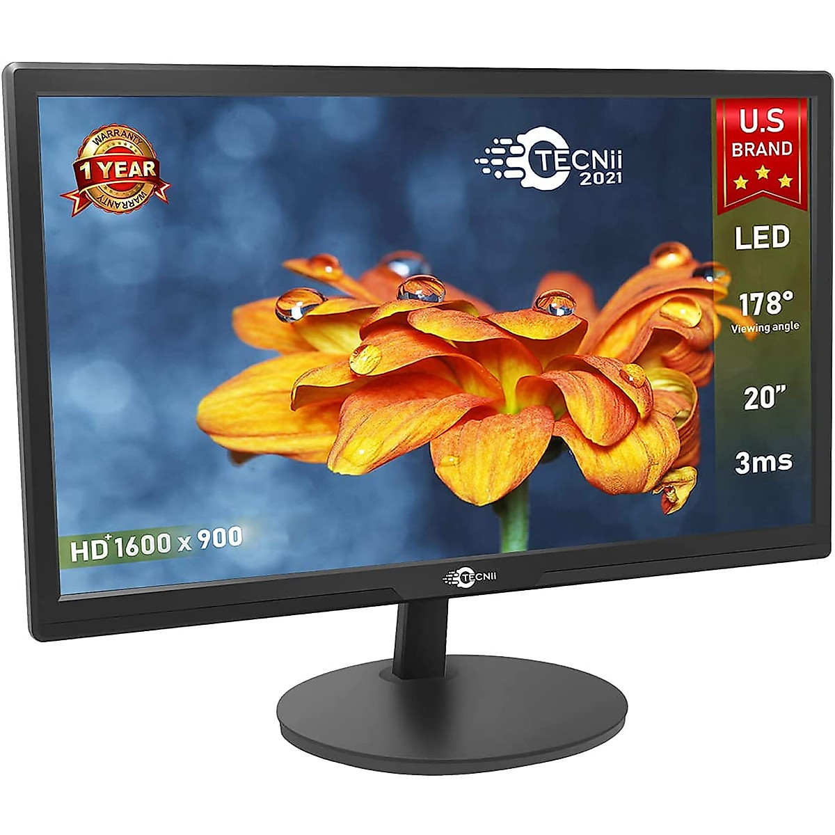 TECNII 20 Inch Widescreen LED Backlit LCD Desktop PC Monitor HD+ Resolution - 3ms Response Time - HDMI - VGA - for Home, Office - Black, TM200