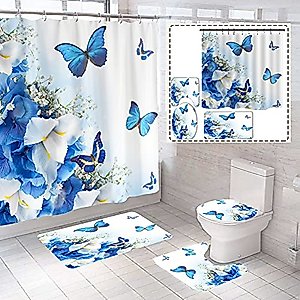 BIUSTAR 4 Piece Blue Butterfly Shower Curtains Sets with Non-Slip Rugs, Toilet Lid Cover and Bath Mat, Bathroom Sets with Shower Curtain and Rugs and Accessories