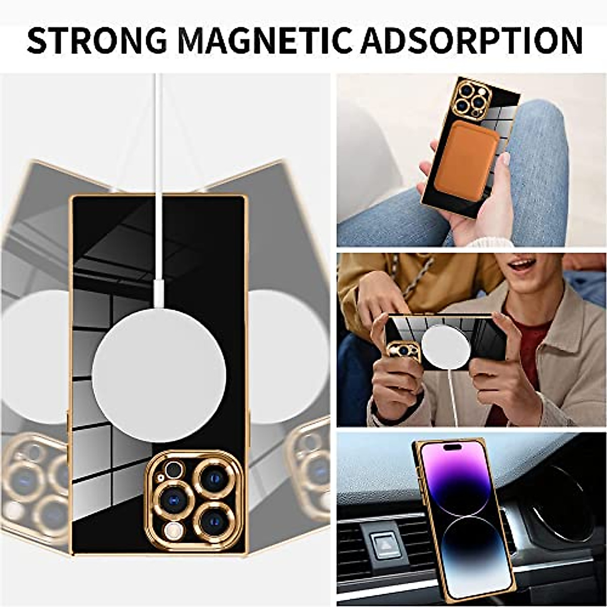 LSL Magnetic Case for iPhone 14 Pro Max [Compatible with MagSafe] Soft TPU Bumper Anti-Drop Anti-Scratch Shock Absorption Slim Cover Luxury Plating Full Camera Lens Protective Square Case - Black