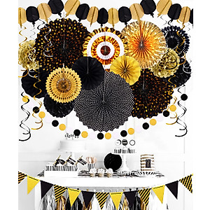 Moon Boat 35PCS Party Decorations Paper Fan Hanging Set - Birthday,Graduation,Baby Shower,Wedding,Retirement,Black and Gold Decor（Black）