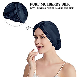 SOBONNY Silk Bonnet for Sleeping 100% Mulberry Silk Sleep Cap for Women Hair Care Night Cap Fixed by The Elastic(1Pc, Navy Blue)
