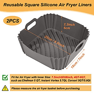 BYKITCHEN Square Air Fryer Silicone Liners, 2 Pack 8.5 Inch Reusable Silicone Air Fryer Tray Fit for 4 to 6 QT, Air Fryer Accessories for Cosori, Instant Vortex Air Fryer and More(Inner Size: 7in)
