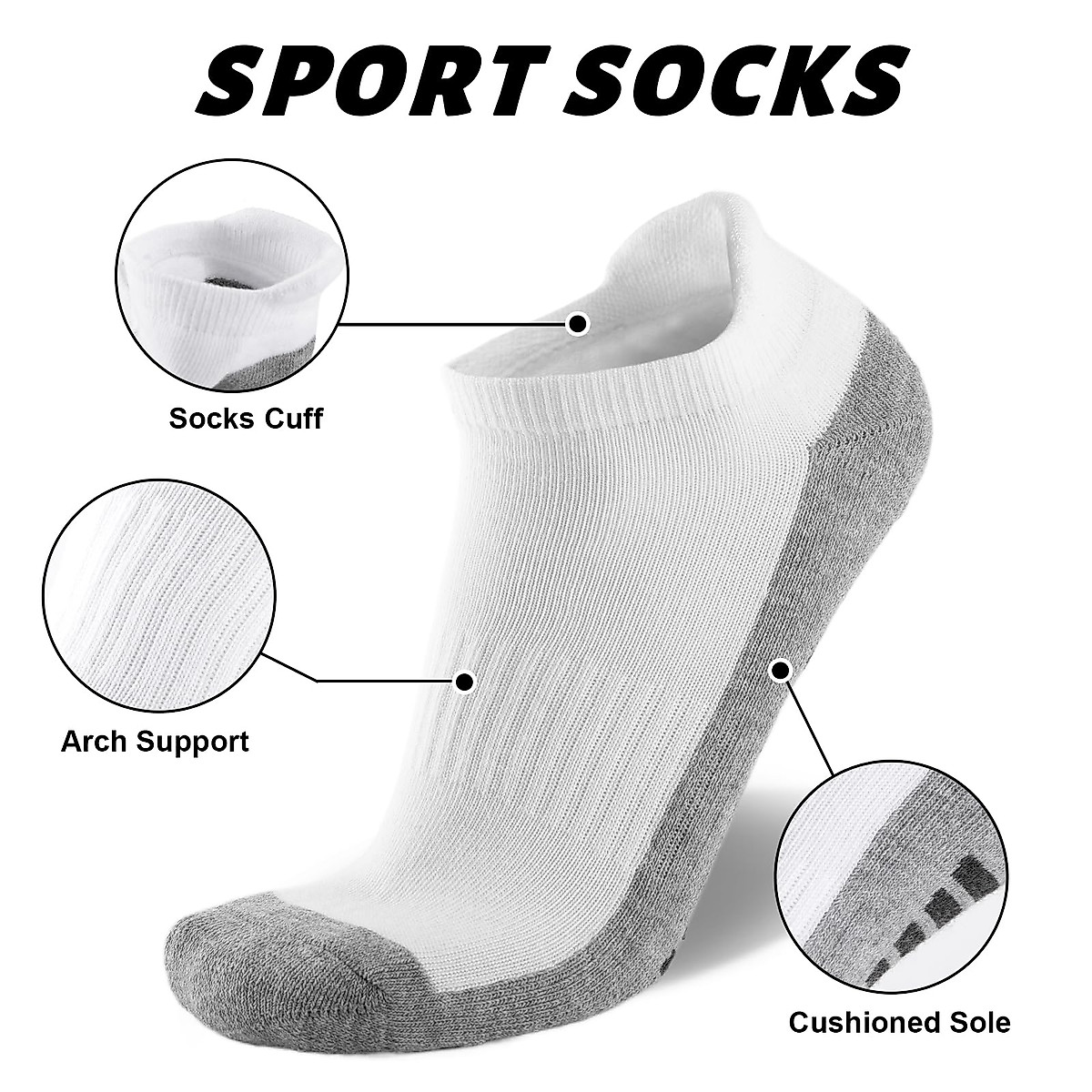 eallco Mens Ankle Socks Low Cut Athletic Cushioned Running Tab Socks 6 Pack