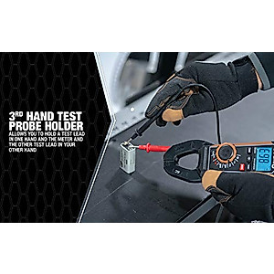 Southwire 21510N clamp meter; third-hand test probe holder; 400A AC current range; CAT III 600V safety rating; built-in non-contact voltage detector; 5 year warranty; Black Brown