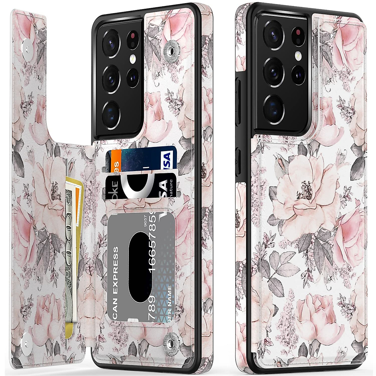 LETO Galaxy S21 Ultra Case,Luxury Flip Folio Leather Wallet Case Cover with Fashion Designs for Girls Women,Card Slots Protective Phone Case 6.8" Champagne Flowers