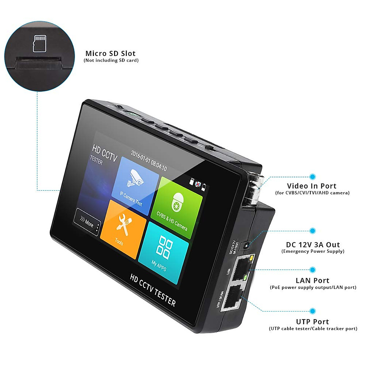 WSDCAM 4 Inch Portable Wrist IP Camera Tester CCTV Tester 4K H.265 IP CVBS CVI TVI AHD Analog Camera Tester with POE/IP DiscoveryFirmware Update/Camera Test Report 1800ADH-Plus