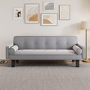 72" Convertible Sofa Couch Bed with 2 Pillows, Cotton Linen Loveseat Sofa Bed with Soild Wood Legs,Modern Upholstered Folding Reclinerfor Living Room Apartment Office