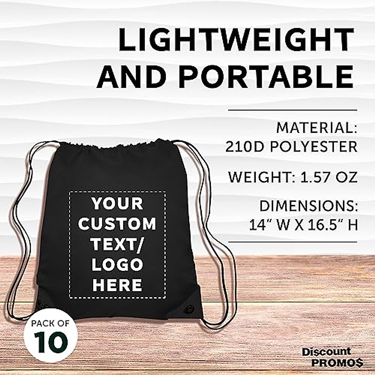 DISCOUNT PROMOS Custom Classic Polyester Drawstring Bags Set of 10, Personalized Bulk Pack - Bring Everywhere You Go, Great for Travelling, Gym and for Everyday Use - Black