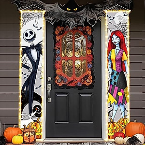 Jack Sally Lighted Banners Porch Signs Halloween Decor Christmas Nightmare Banner Halloween Decorations Outdoor Party Banner