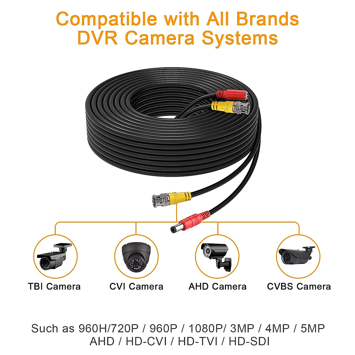 WILDHD BNC Cable 150ft All-in-One Siamese BNC Video and Power Security Camera Wire Cable, CCTV Cable with 2 Female Connectors for All Max 5MP HD CCTV DVR Surveillance System (150ft Cable,Black)