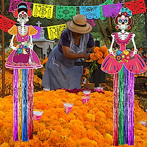 TaoBary 15 Pcs Day of the Dead Decorations Set 34 Inches Sugar Skull Hanging Decor 16.4 Ft Papel Picado Banners Mexicano Dia De Los Muertos Large Skull Decoration for Halloween Party Supplies