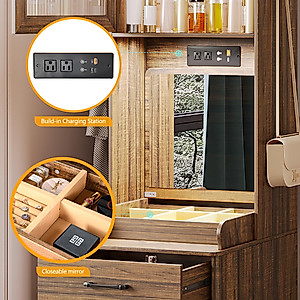 Vlsrka 70" H Vanity Desk with Flip Top Mirror, Small Vanity Desk with Mirror and Lights, Compact Vanity with Hidden Chair, Drawers, Power Outlet, Vanity Dressing Table for Small Spaces, Brown