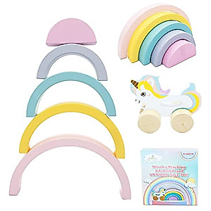 Wooden Rainbow Stacking Toy - Rainbow Stacker Wooden Rainbow Unicorn Wooden Baby Toys - Stacking Rainbow Toy Pull Toy Rainbow Puzzle - Rainbow Stacker Wooden Toy Unicorn Gifts for Girls Unicorn Toy
