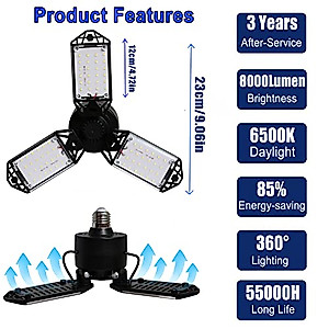 LED Garage Light, 80W Garage Lights LED Shop Light, 8000 Lumen Garage LED Ceiling Lights with 3 Adjustable Panels, 6500K Daylight Garage Lighting LED Light Bulb Fixture LED Lights for Garage, Workshop