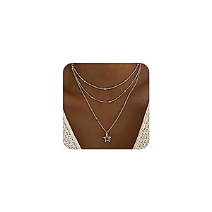 Yheakne Boho Layered Star Choker Necklace Silver Star Pendant Necklace Layering Satellite Chain Necklace Outline Star Necklace Chain Jewelry for Women