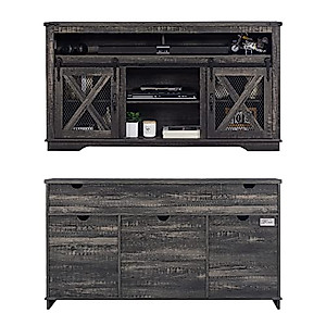 Okvnbjk TV Stand for 65+ Inch TV, Industrial & Farmhouse Entertainment Center with Sliding Barn Door, Rustic TV Console with Storage Shelves, Wood Television Stands for Living Room, Dark Oak