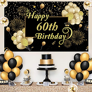 60th Birthday Decorations for Men Women, 60th Birthday Decorations, Happy 60th Birthday Banner, Black and Gold 60th Bday Backdrop